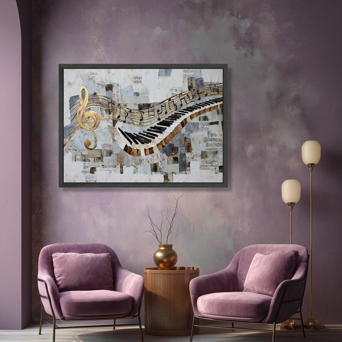 Abstract Musical Notes Canvas Wall Art, Gold Treble Clef Design, Piano ...