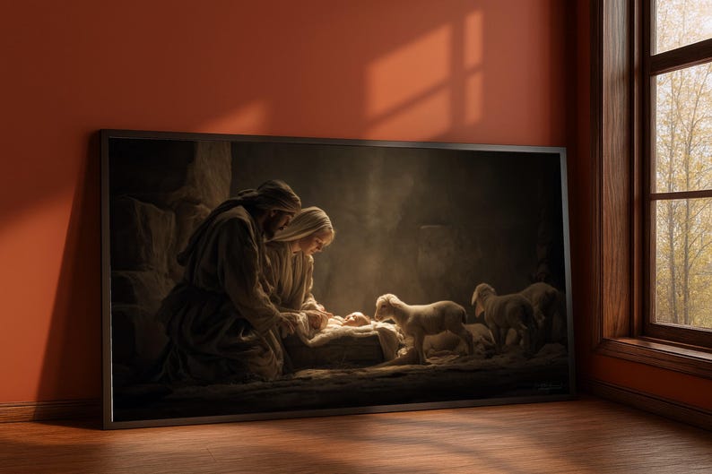 Nativity Scene Canvas Wall Art, Holy Family With Baby Jesus and Lambs ...