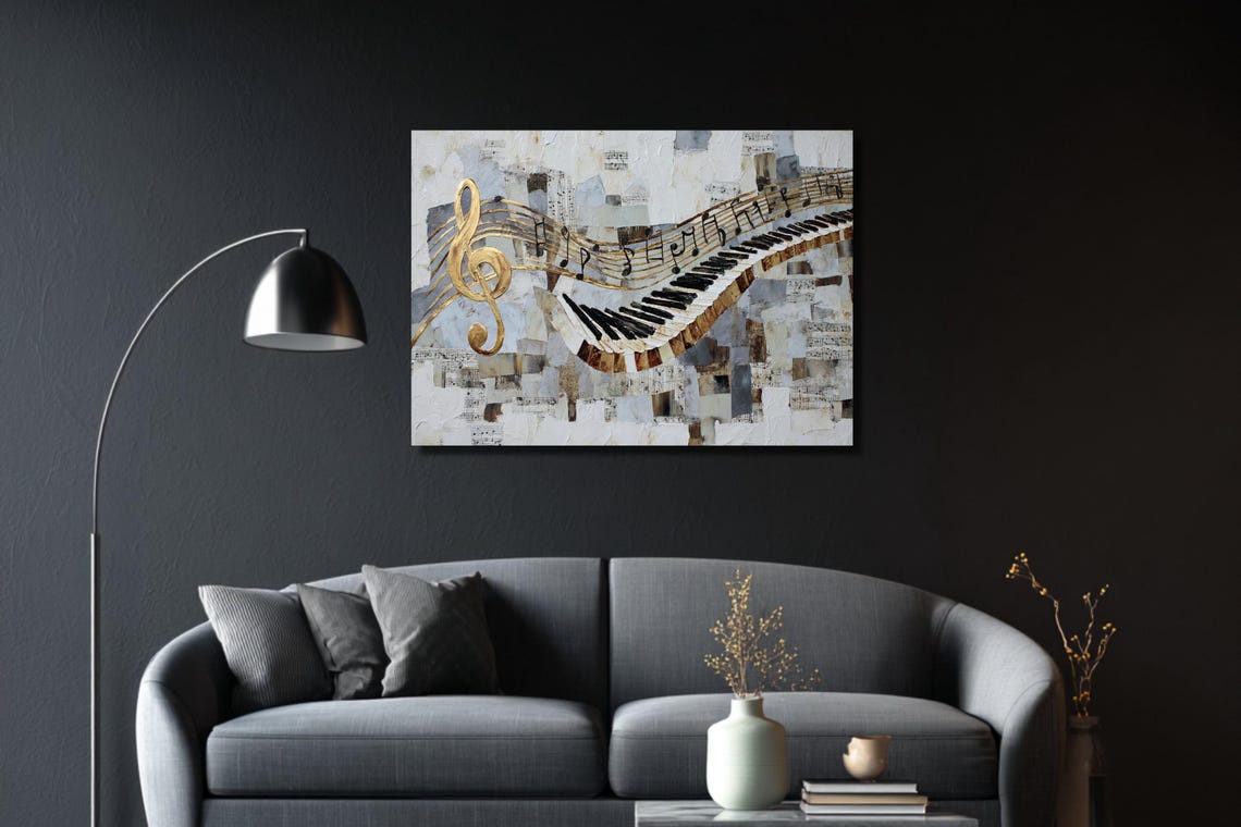 Abstract Musical Notes Canvas Wall Art, Gold Treble Clef Design, Piano ...