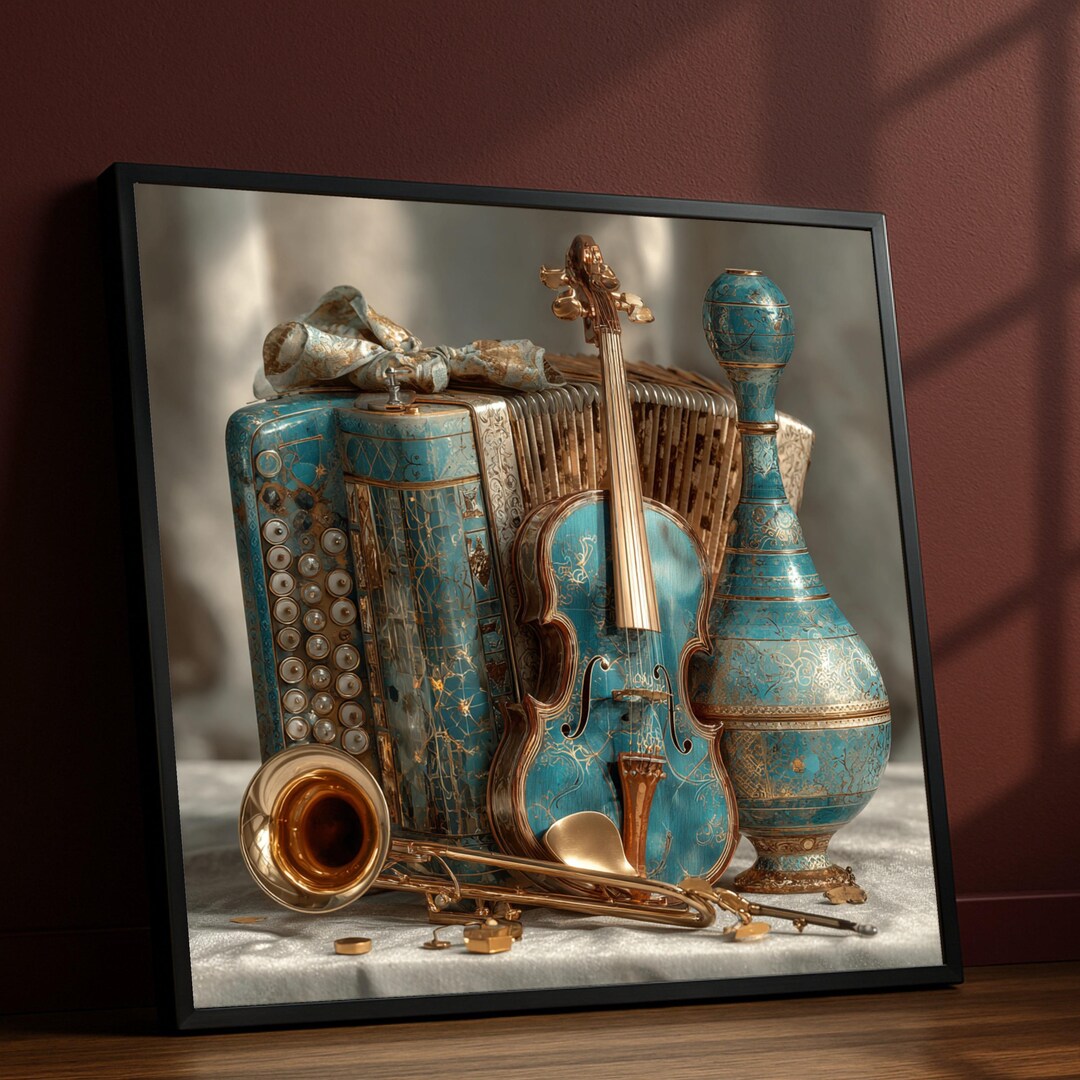 Vintage Musical Instruments Canvas Wall Art, Blue and Gold Accordion ...