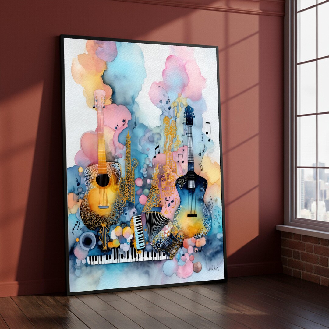 Colorful Musical Instruments Canvas Wall Art, Abstract Watercolor ...