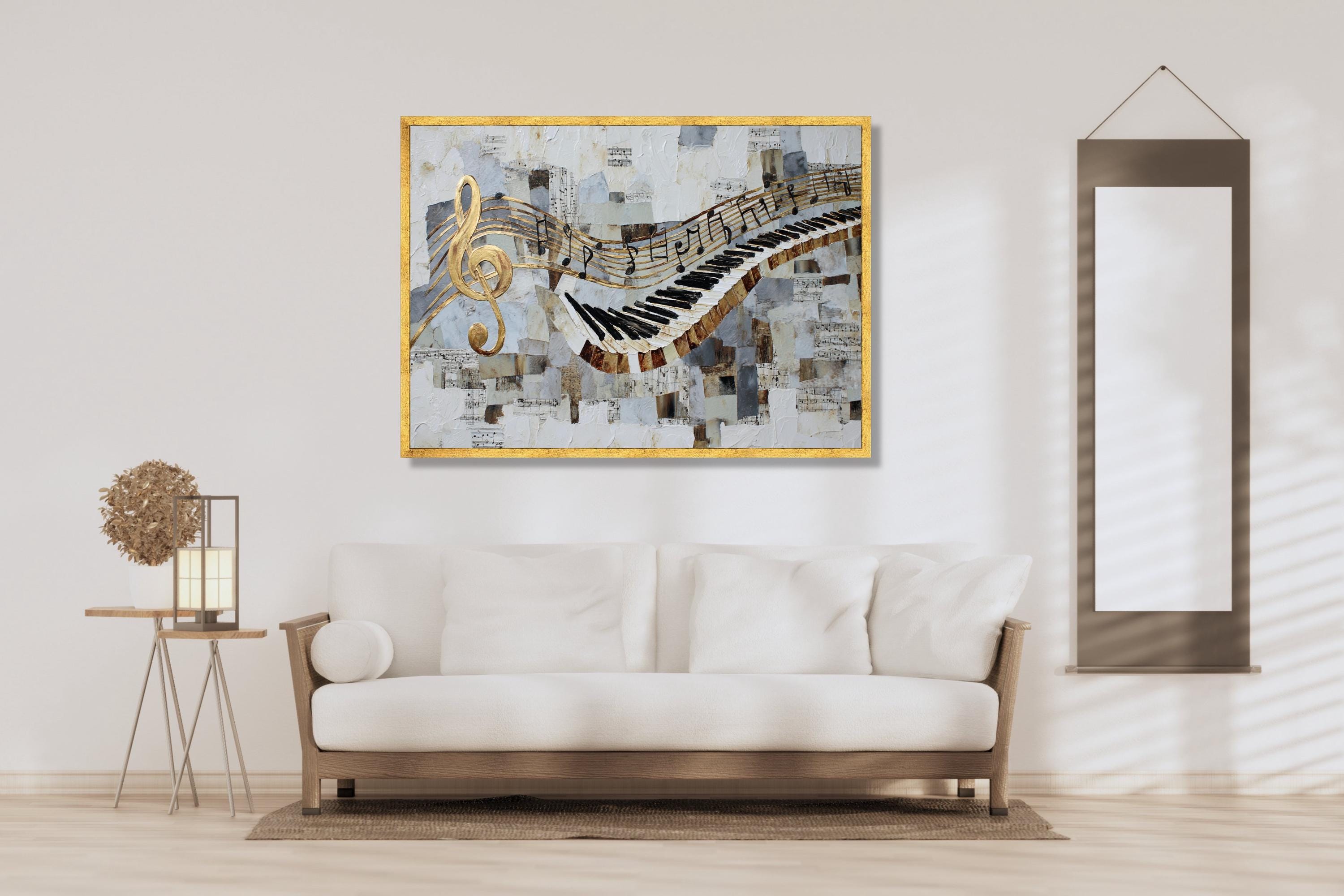 Abstract Musical Notes Canvas Wall Art, Gold Treble Clef Design, Piano ...