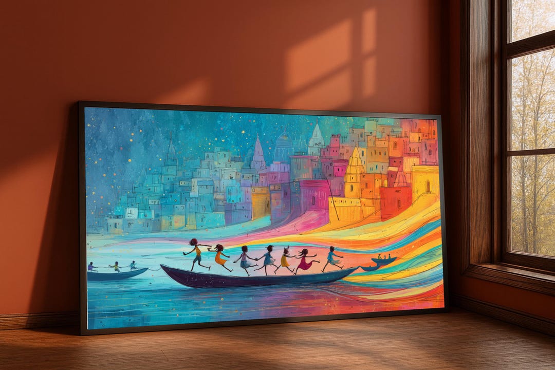 Colorful Cityscape With Children on Boats, Abstract River Scene Canvas ...
