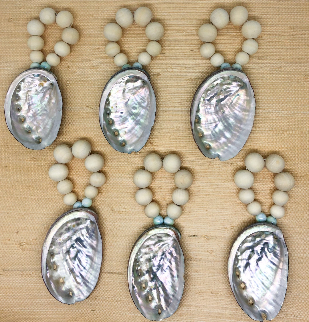 Abalone Shell Napkin Rings: Coastal Wood Bead Set of 6 - Etsy