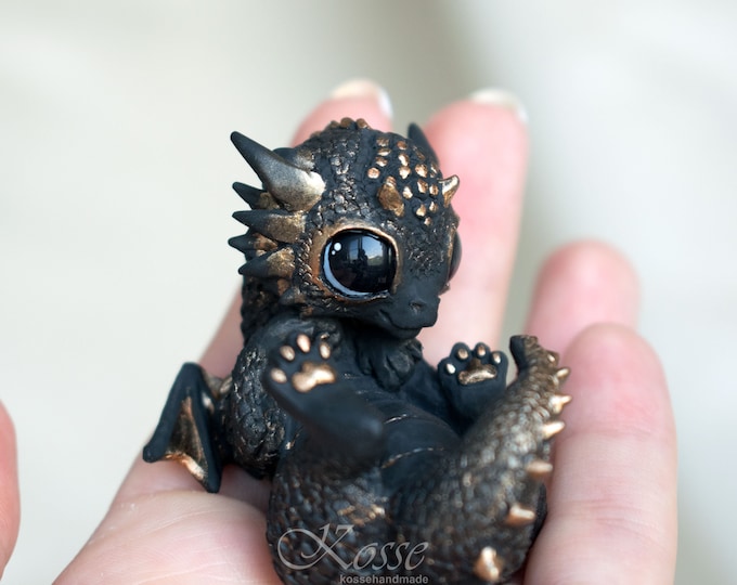 Cute Baby Dragon Figurine, Cute Dragon Sculpture, Black and Gold Gothic ...