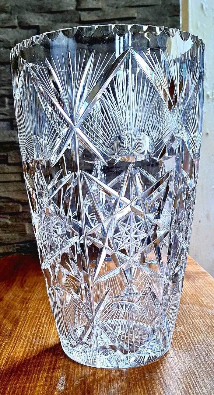 Very large heavy lead crystal vase hand cut