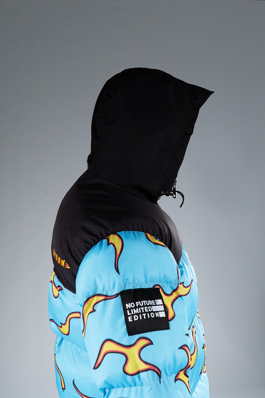 Chrome Flames Mens Puffer Jacket in Blue - Etsy