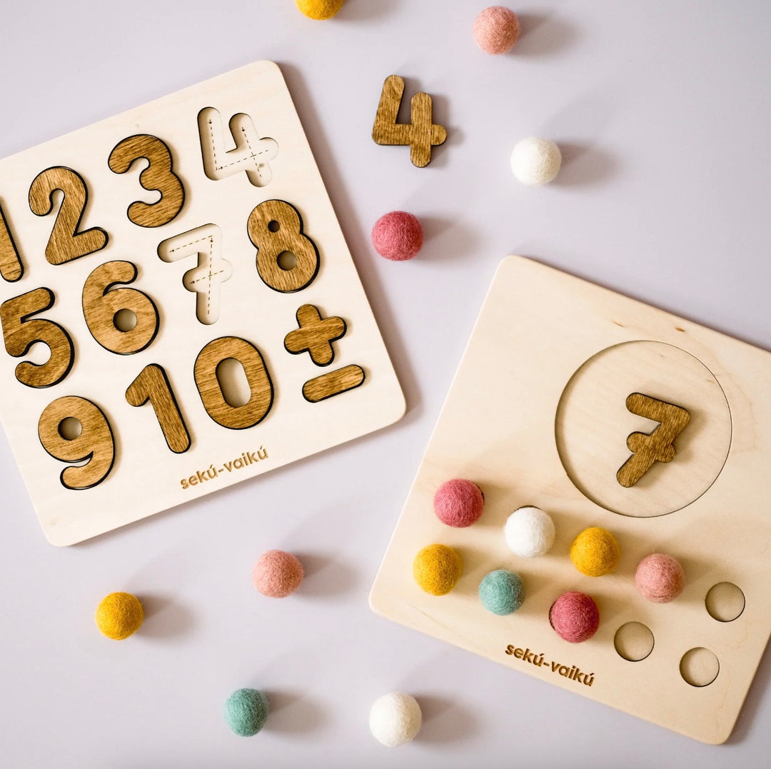 Set for Learning Numbers | Wooden Puzzle + Math Board + Felt Balls ...