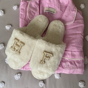 Personalised Fluffy Slippers With Choice of Pearl Letters or Varsity ...