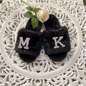 Personalised Fluffy Slippers With Choice of Pearl Letters or Varsity ...
