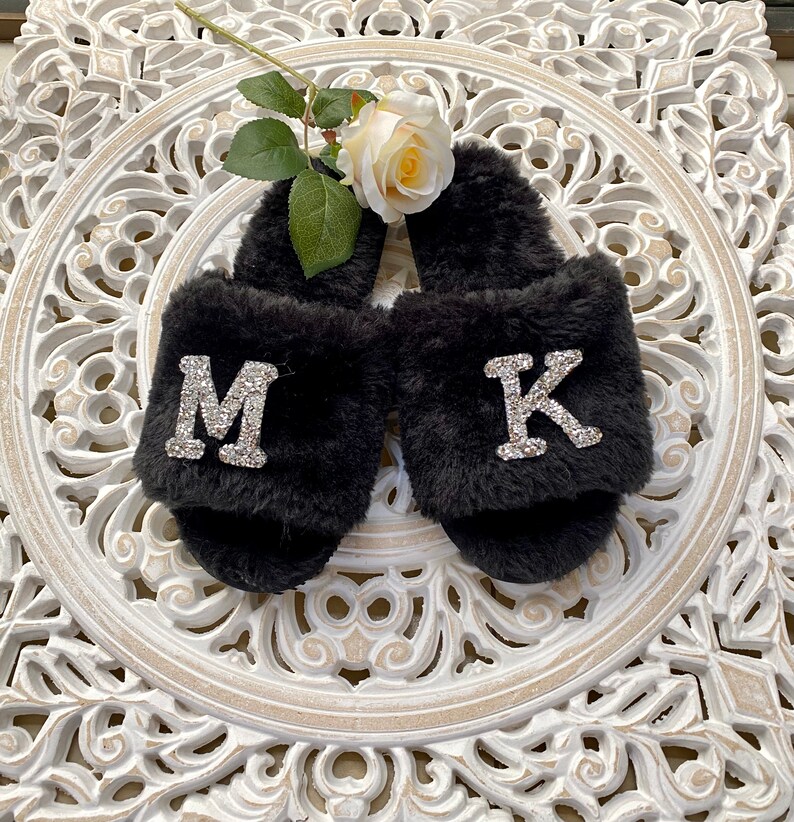 Personalised Fluffy Slippers With Choice of Pearl Letters or - Etsy