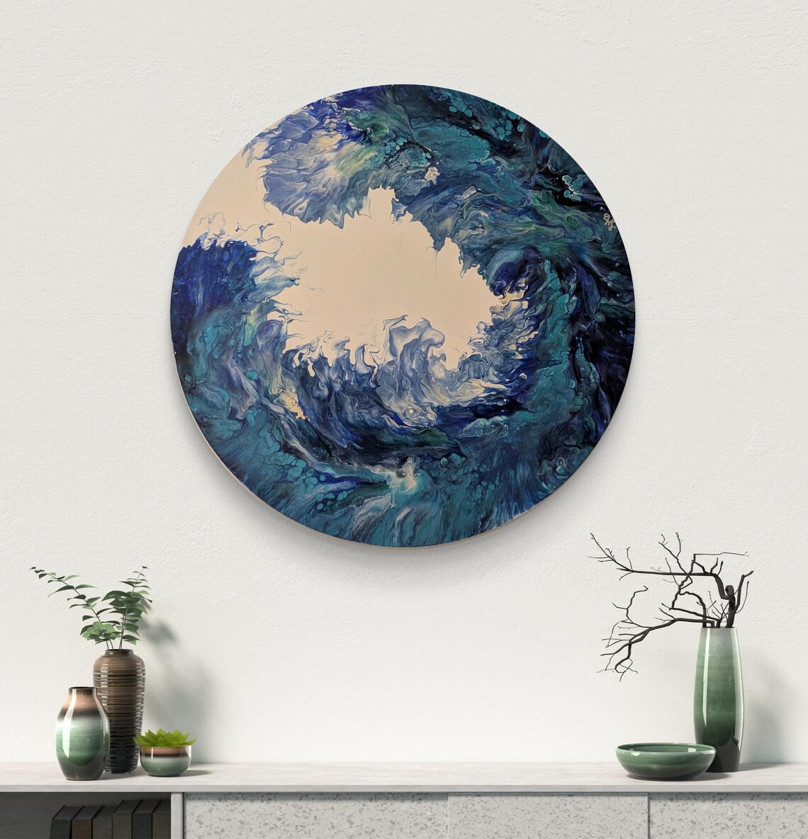 Ocean Wave Acrylic Pour Painting: Round Canvas Art (40cm) - Etsy