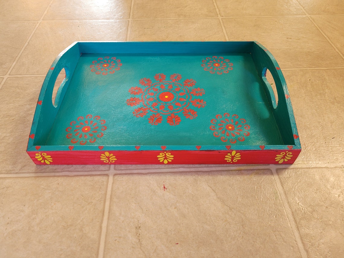 Hand Painted Kolam Wooden Tray, Indian Style Home Decor,serving Tray ...