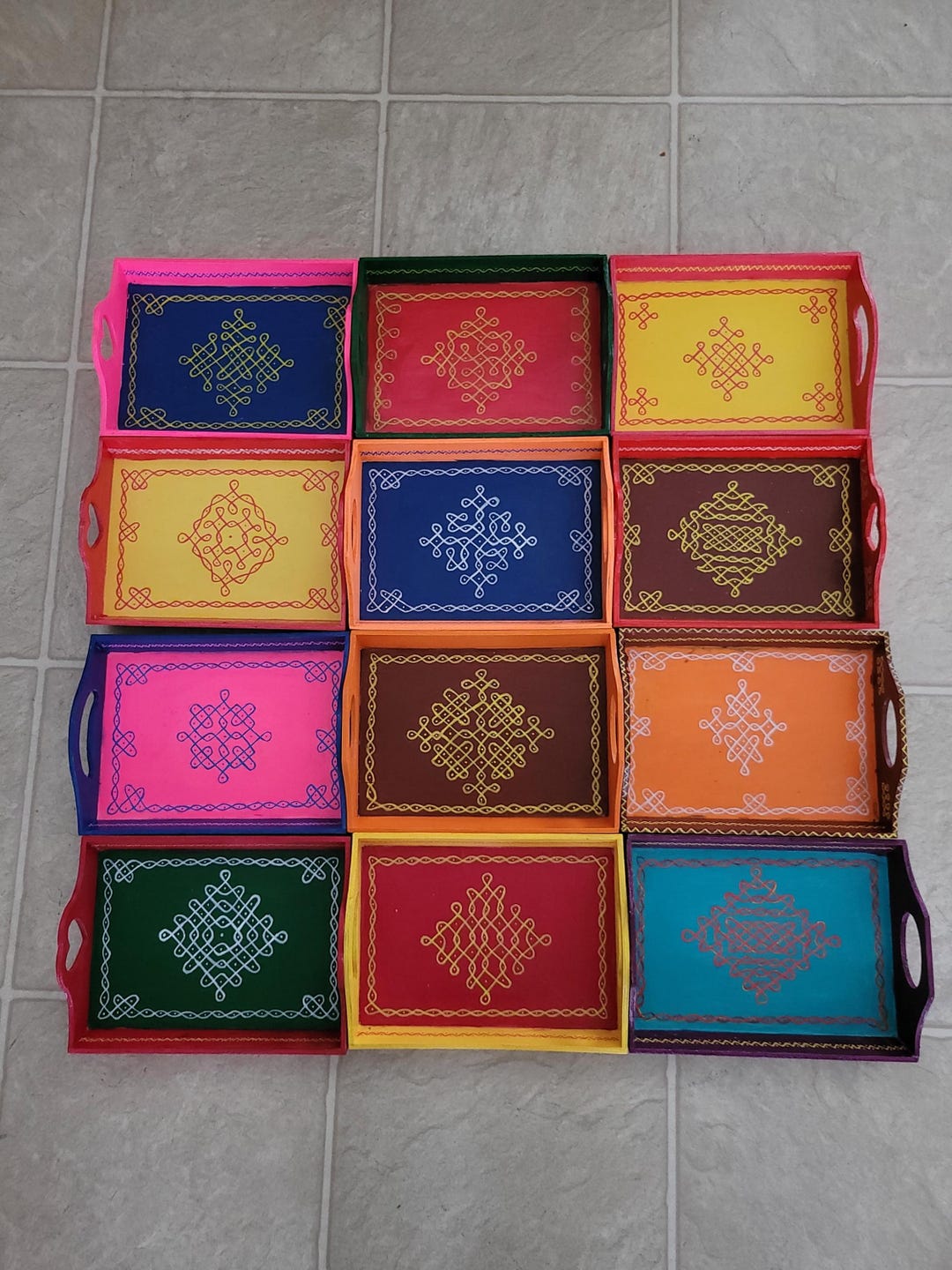 Hand Painted Kolam Wooden Tray, Indian Style Home Decor, Rangoli Tray ...