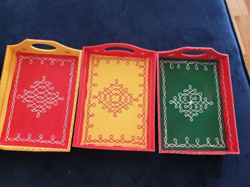 Hand Painted Kolam Wooden Tray, Indian Style Home Decor, Rangoli Tray ...