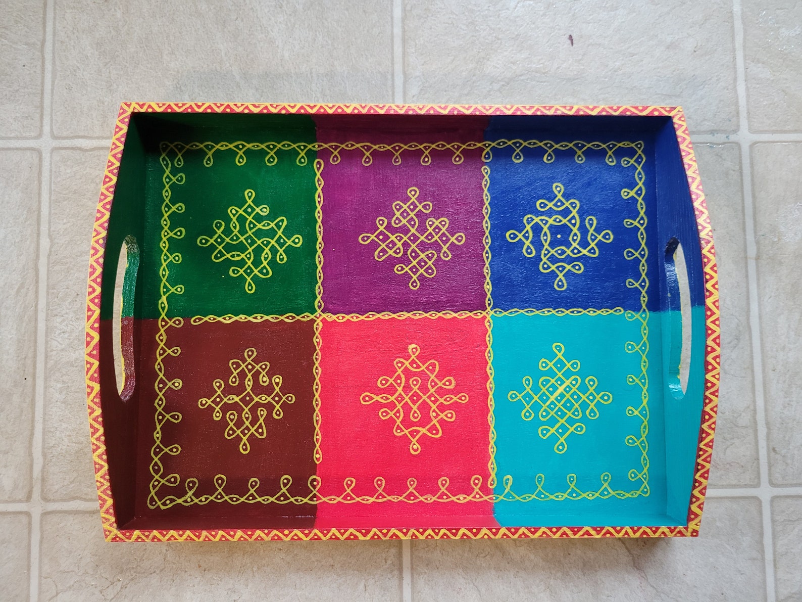 Hand Painted Kolam Wooden Tray, Indian Style Home Decor,serving Tray ...