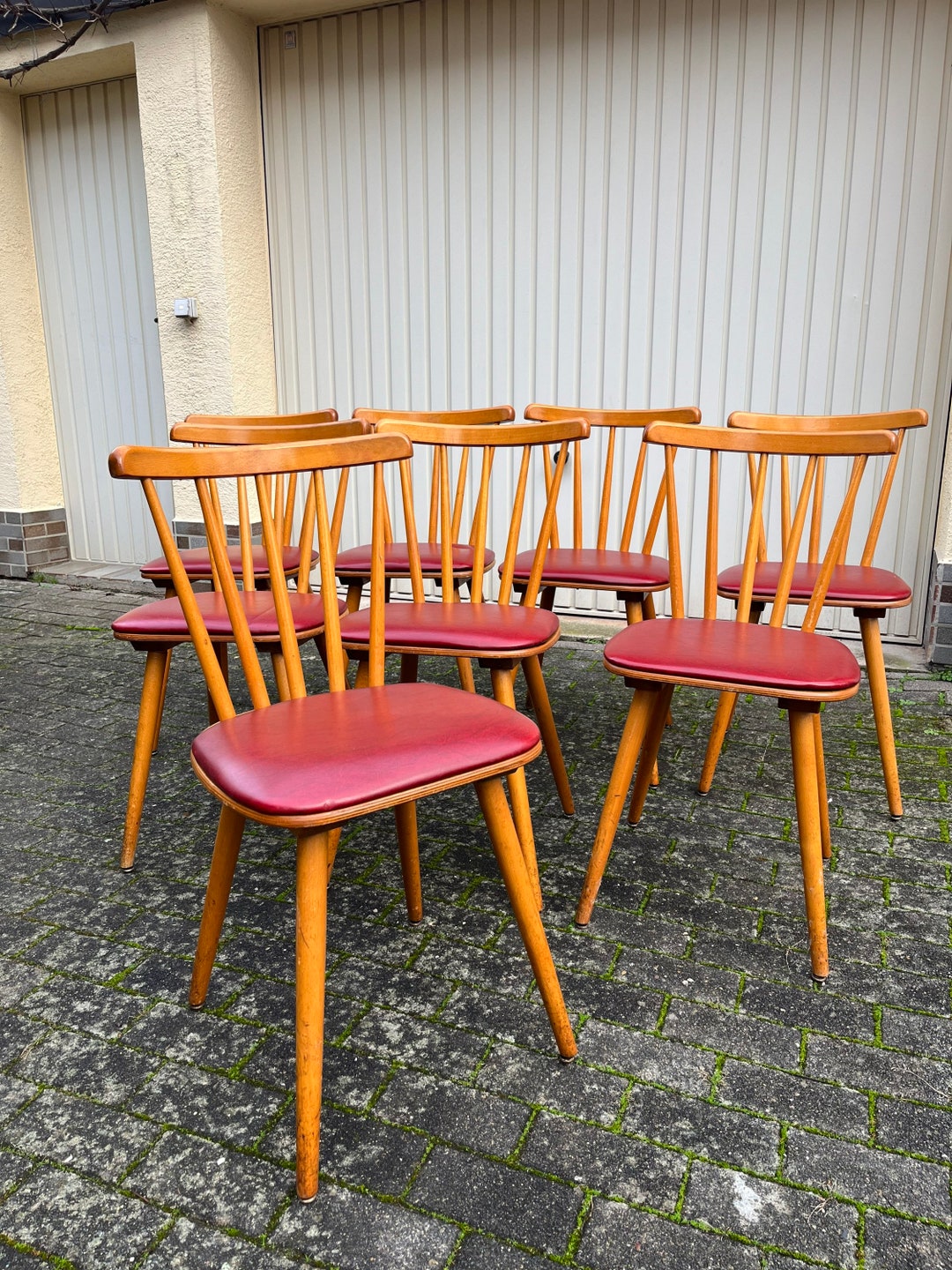 Rung Chairs Kitchen Chairs 50s 60s Made of Wood With Red Vinyl Seat Mid ...