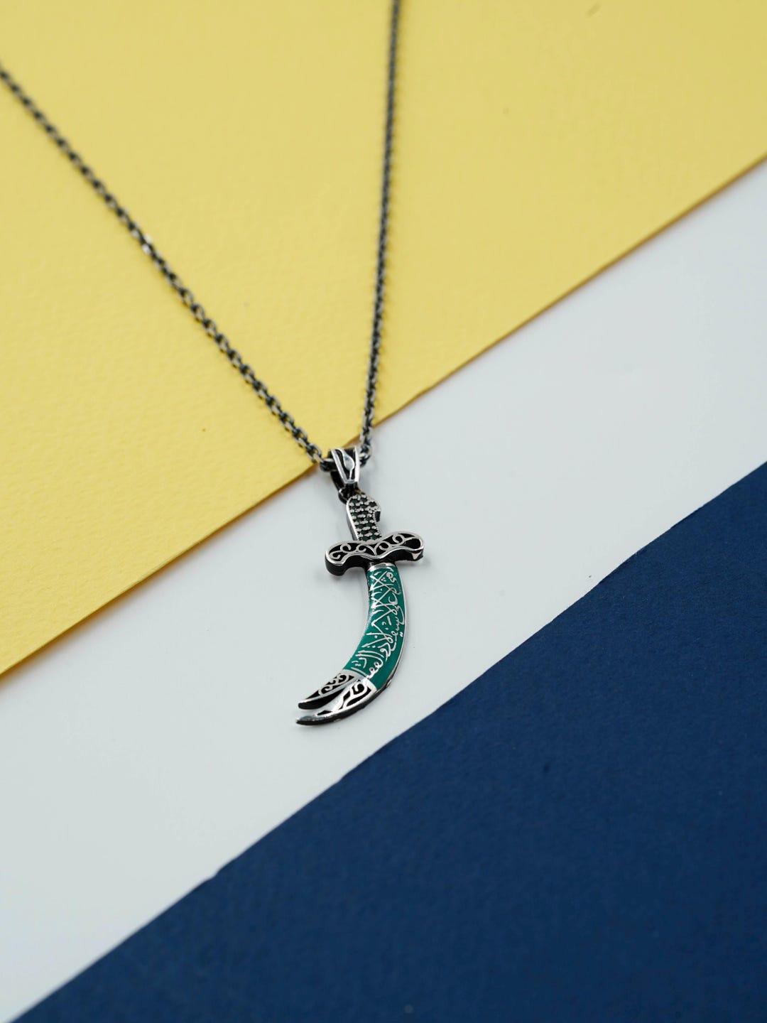 Handmade Sterling Silver Zulfiqar Sword Necklace: Green Shia Muslim ...
