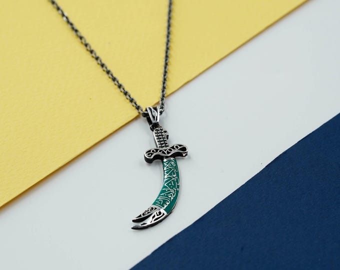 Handmade Sterling Silver Zulfiqar Sword Necklace: Green Shia Muslim ...