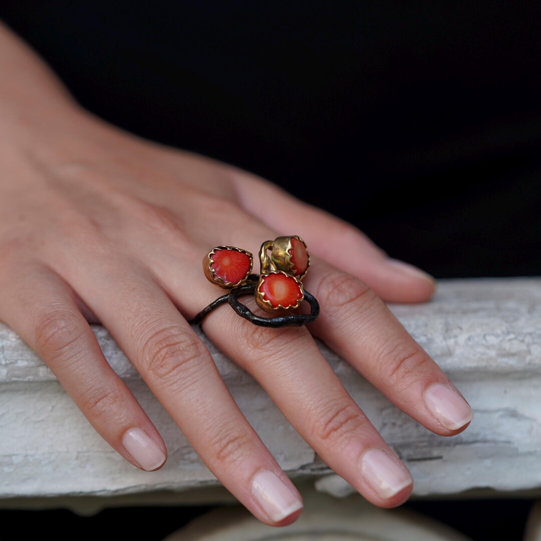 Handmade Red Coral Silver Ring, Triple Stone Statement Ring, Gold ...