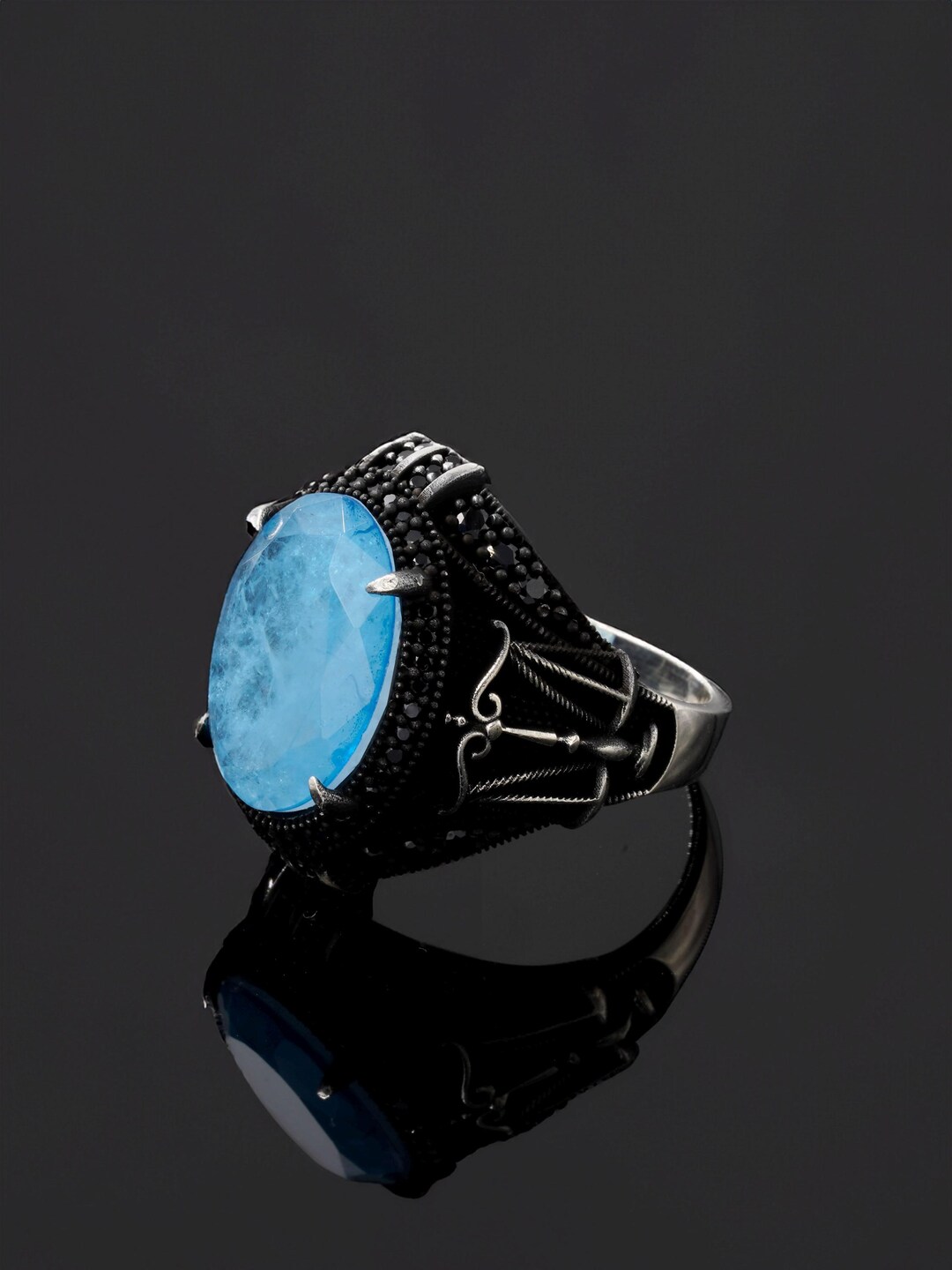Handmade Silver Men's Ring With Blue Zircon Stone and Libra Zodiac ...