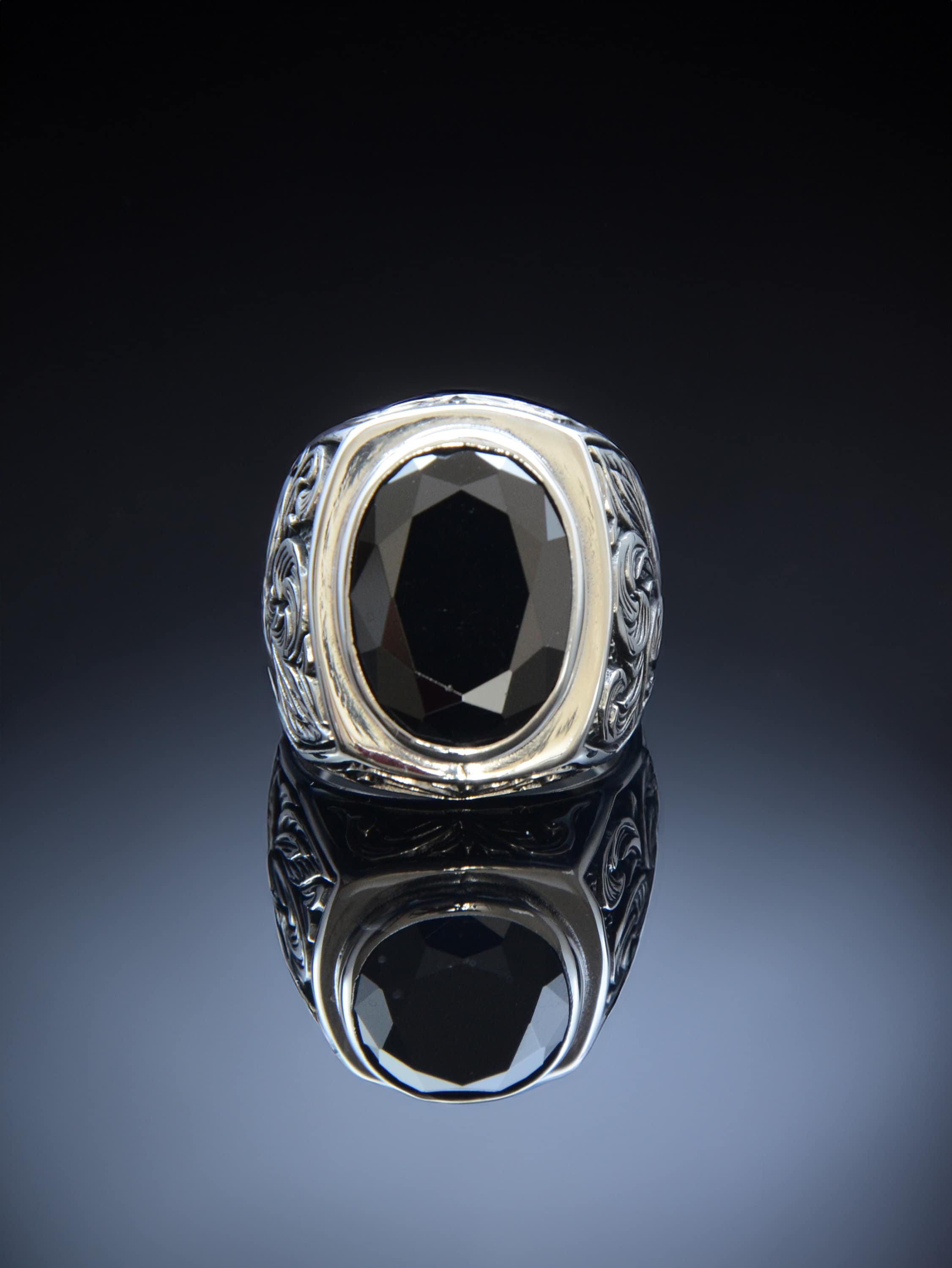 925K Silver Zircon Men Ring, Black Stone Engraving Mens Ring, Handmade ...