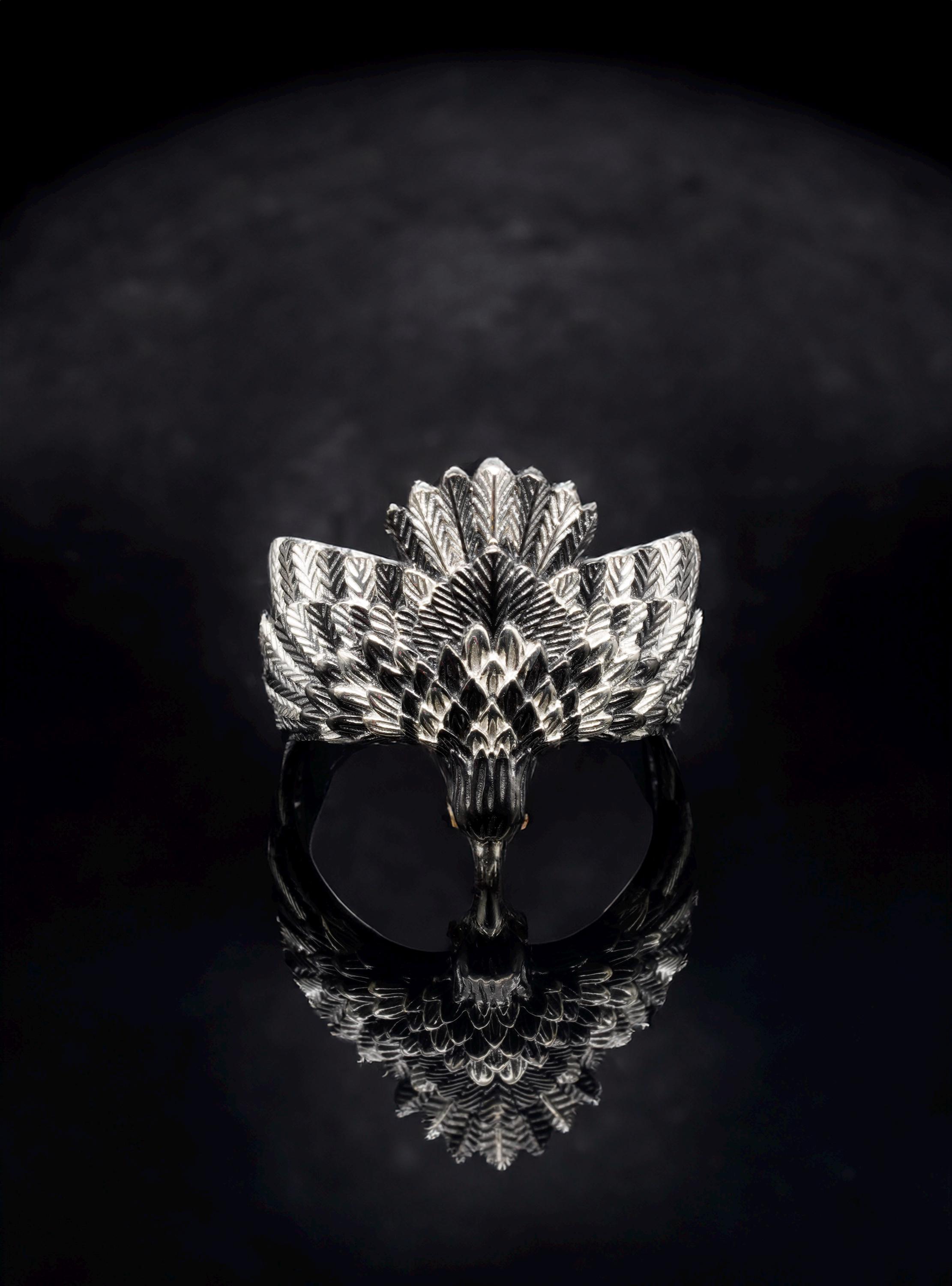 Luxury Winged Eagle Silver Unisex Ring, Black and White Rhodium Finish ...