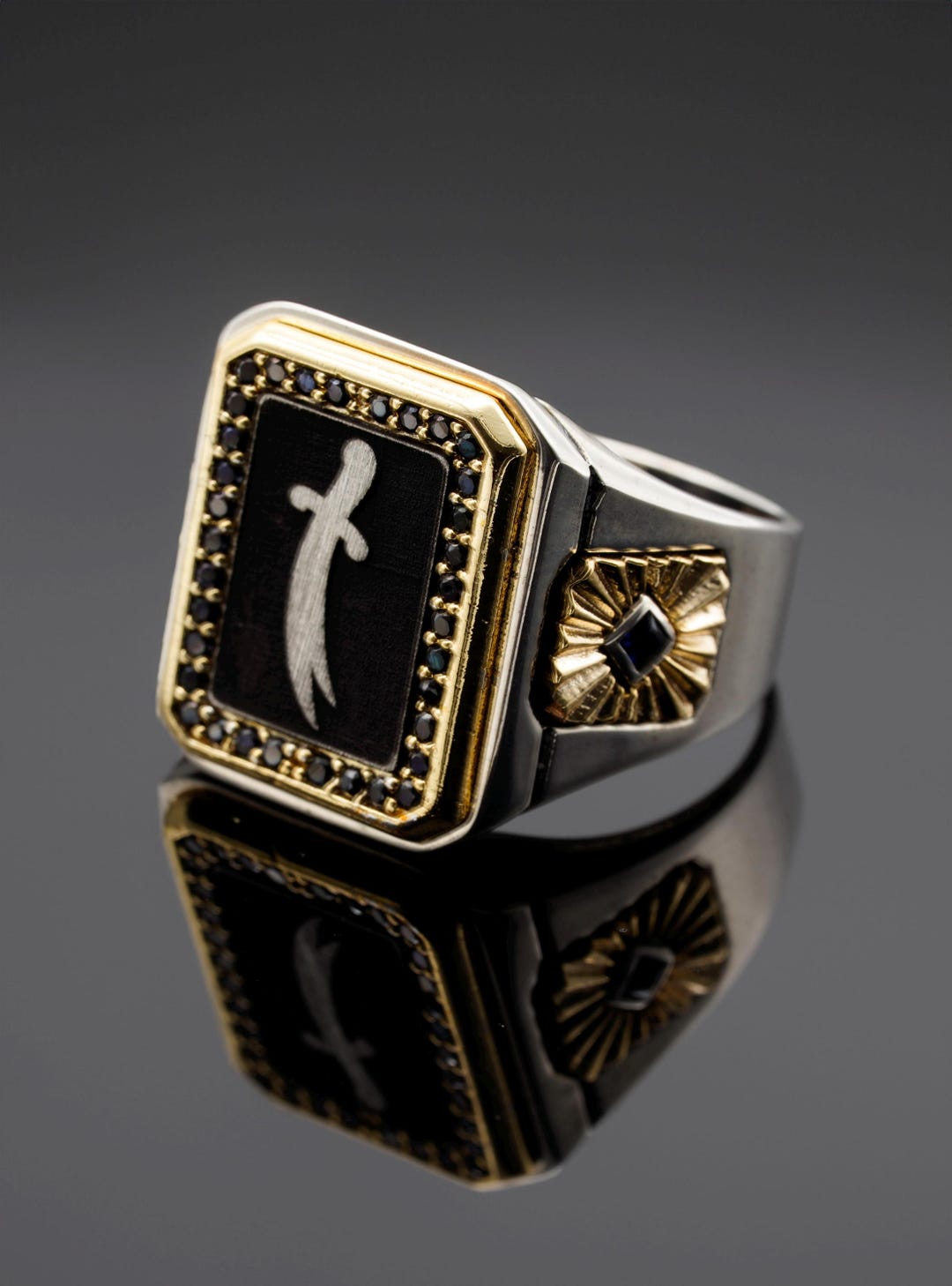 Men's Silver Ring With Black Stone and Zulfikar Sword Design, Imam Ali ...