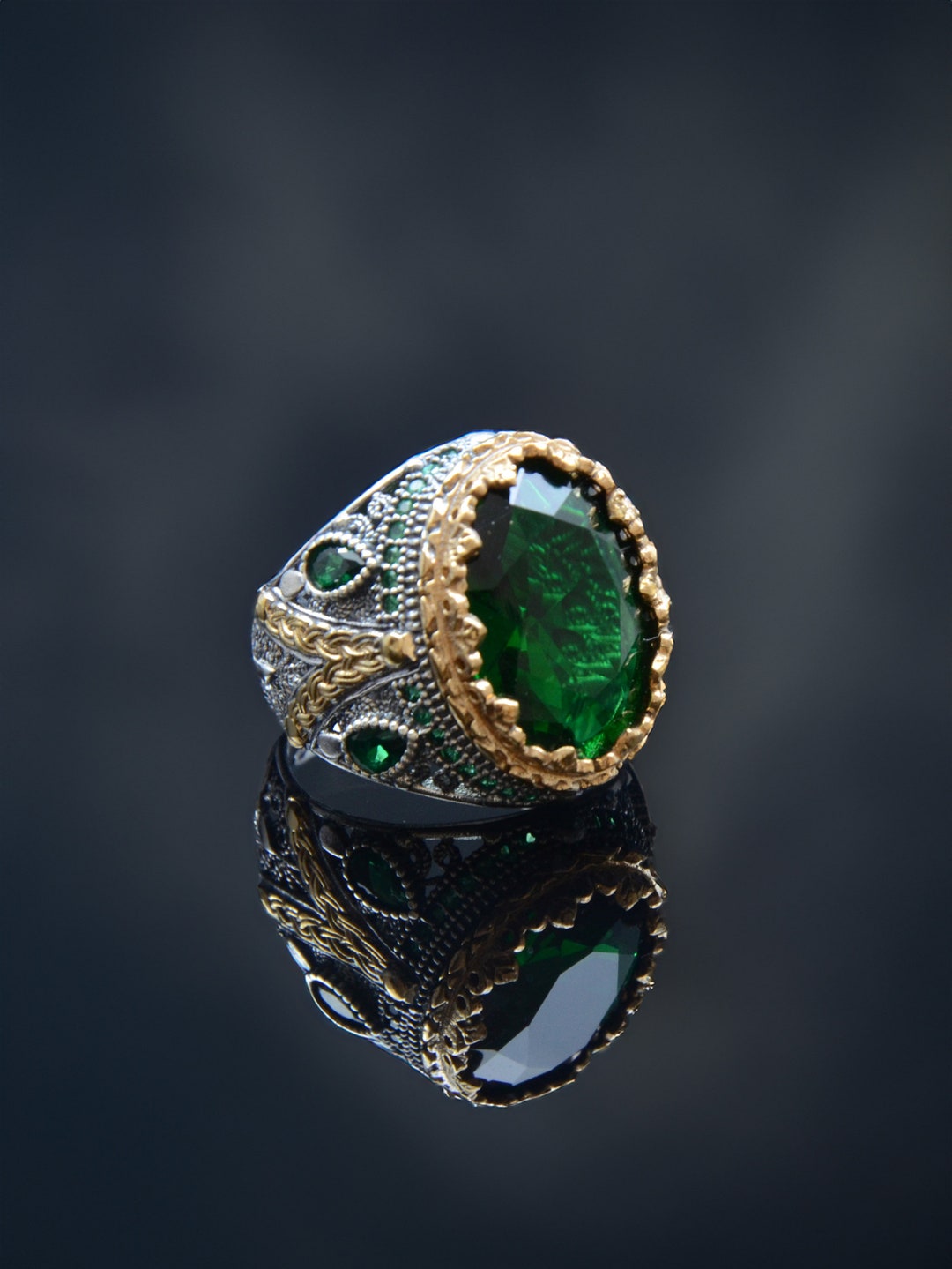 925K Sterling Silver Green Zircon Stone Mens Ring, Luxury Green Stone ...