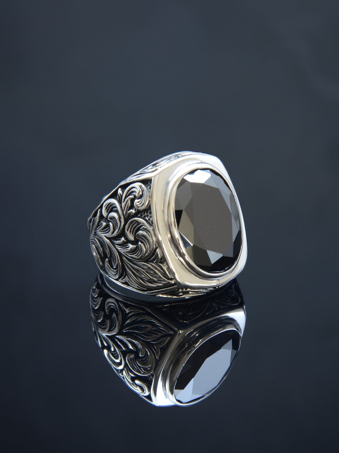 925K Silver Zircon Men Ring, Black Stone Engraving Mens Ring, Handmade ...