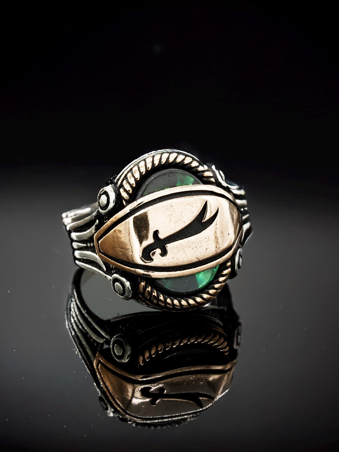 Handcrafted Silver Men's Ring With Green Stone, Ottoman Style Zulfiqar ...