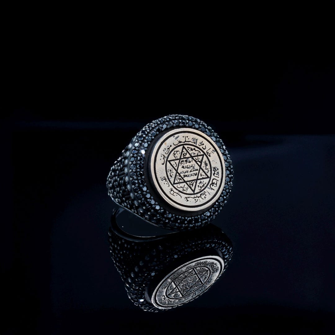 Men’s Silver Talisman Ring • Black Stone Seal of Solomon Ring • Arabic ...