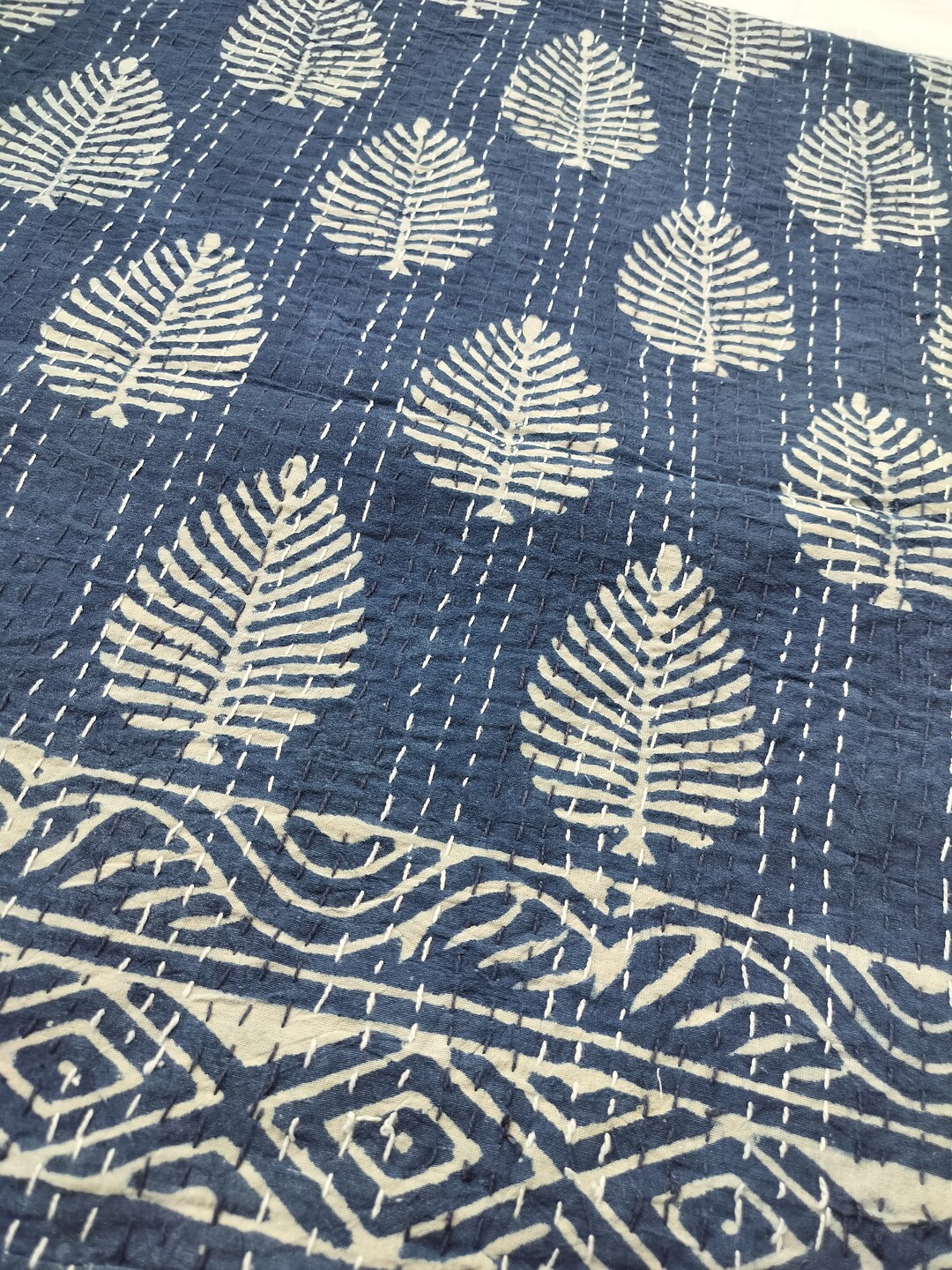 Indigo Blue Leaf Kantha Quilt: Handmade Block Print Cotton Bedspread - Etsy