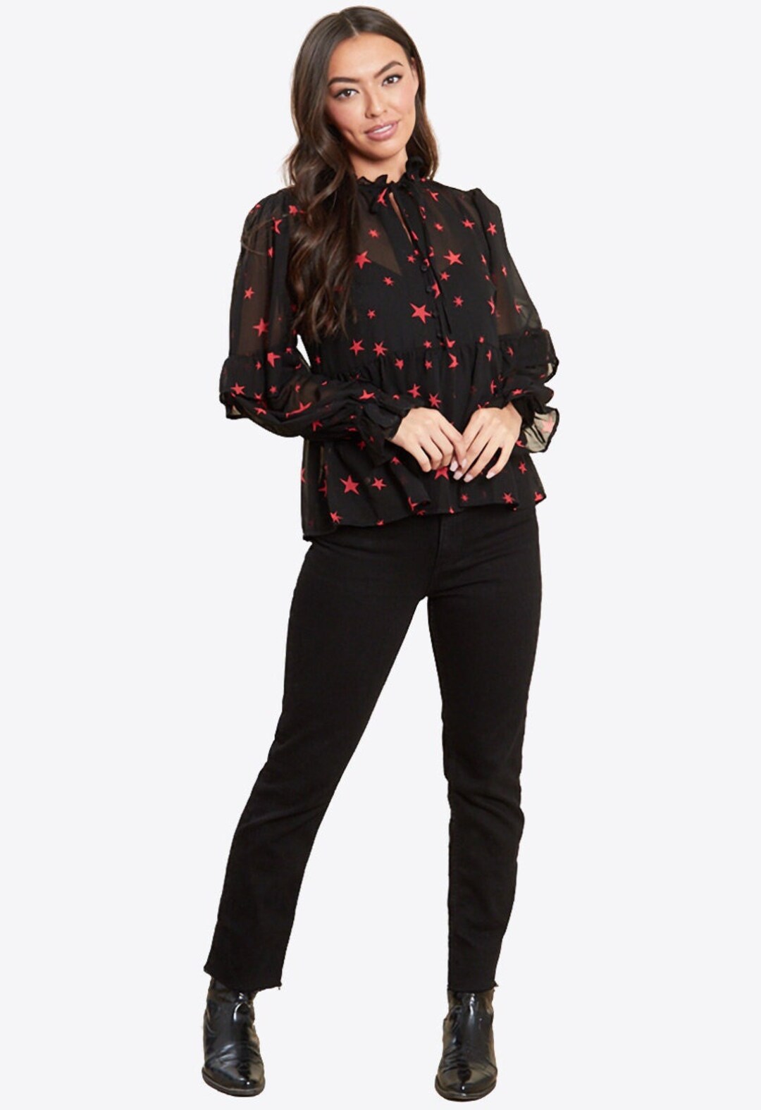 Womens Black With Red Star Ruffle Detail Blouse - Etsy