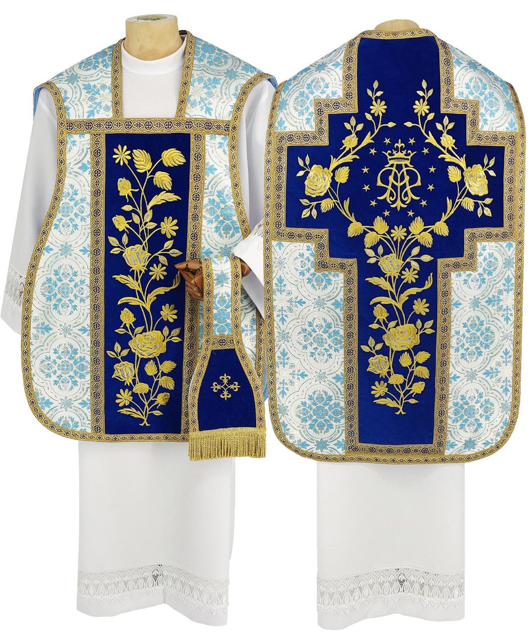 Blue Marian Roman Chasuble With Stole, Burse, Maniple and Chalice Veil ...