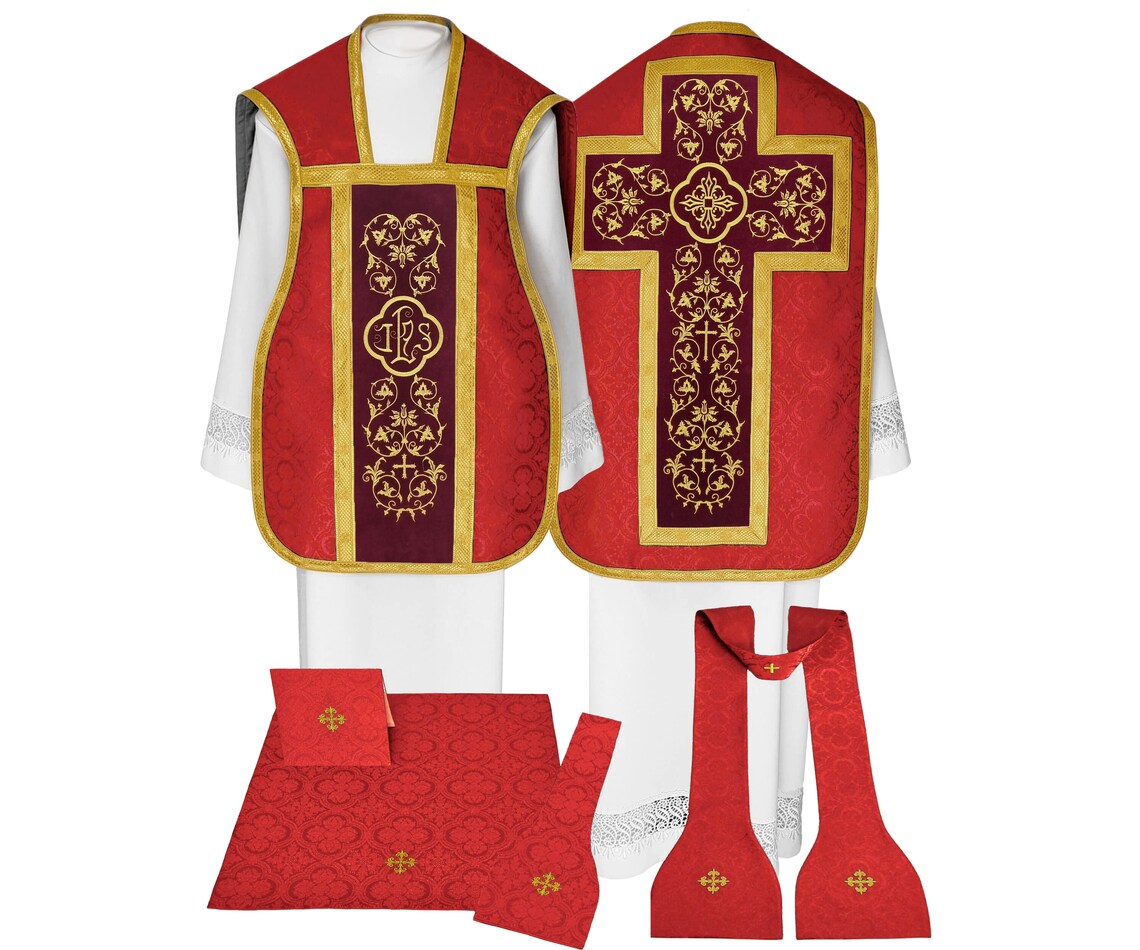 Roman Chasuble With Stole, Burse, Maniple and Chalice Veil. Embroidery ...