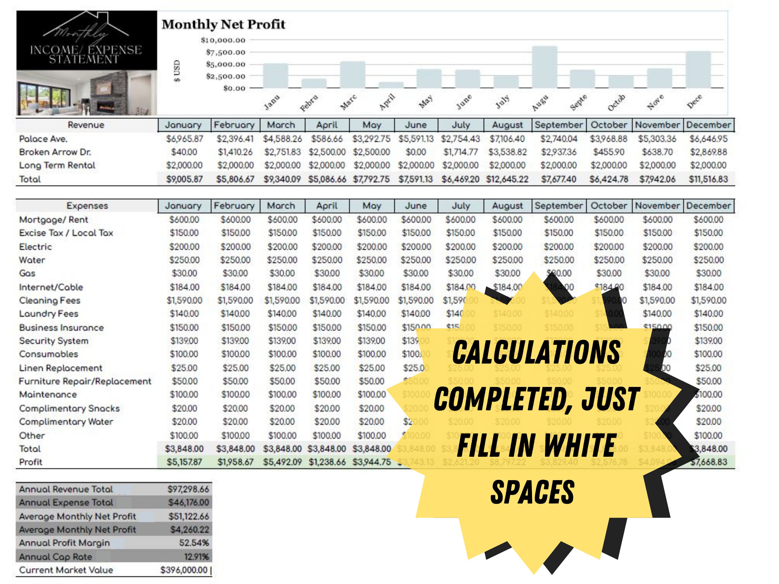 Google Sheets Simple Short Term Rental Income and Expense Statement ...