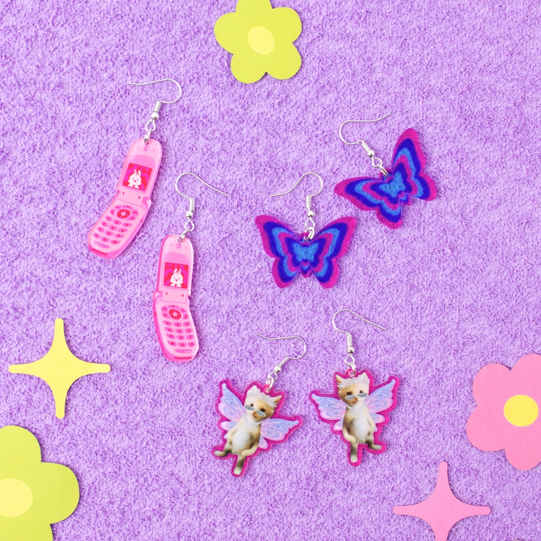 Y2K Acrylic Earring Set: Motorola Phone, Cat, Butterfly - Etsy