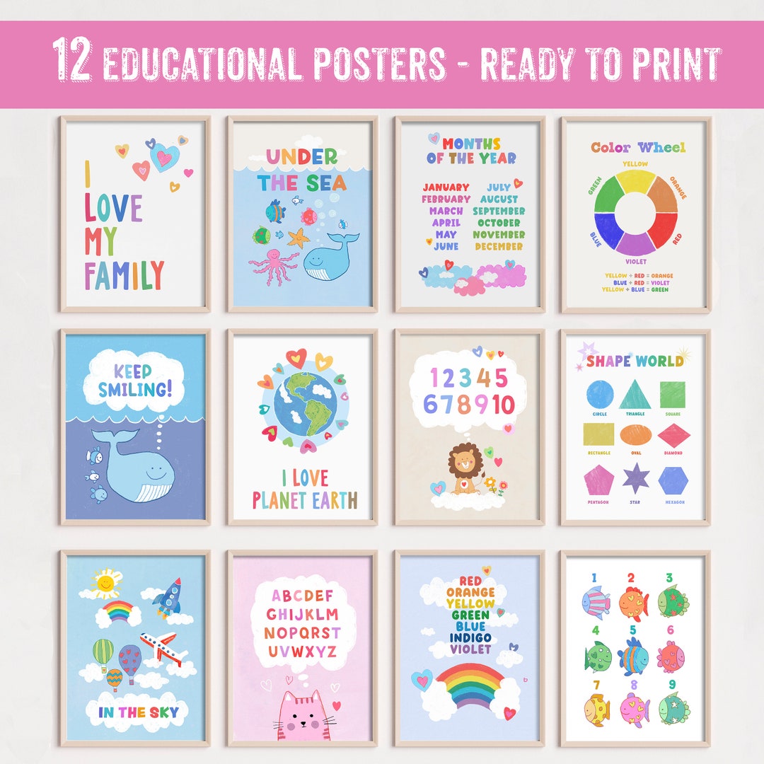 Set of 12 Educational Posters, Homeschool Printables, Toddler Playroom ...