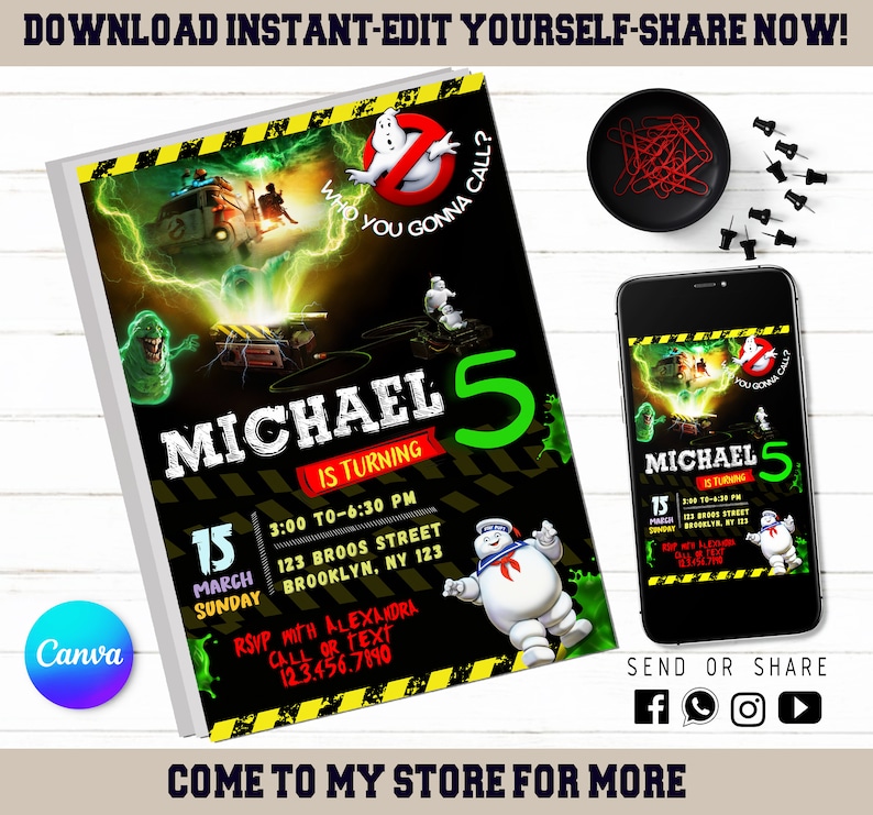 Ghostbusters Invitation - Editable Kids Invite - Kids Digital Invite ...