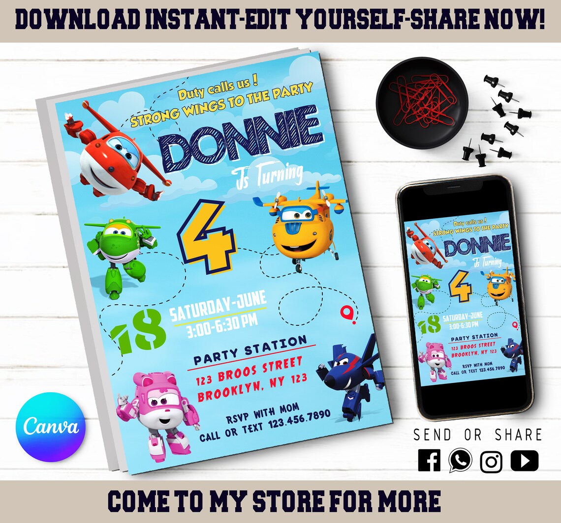 Super Wings Invitation - Editable Kids Invite - Kids Digital Invite ...