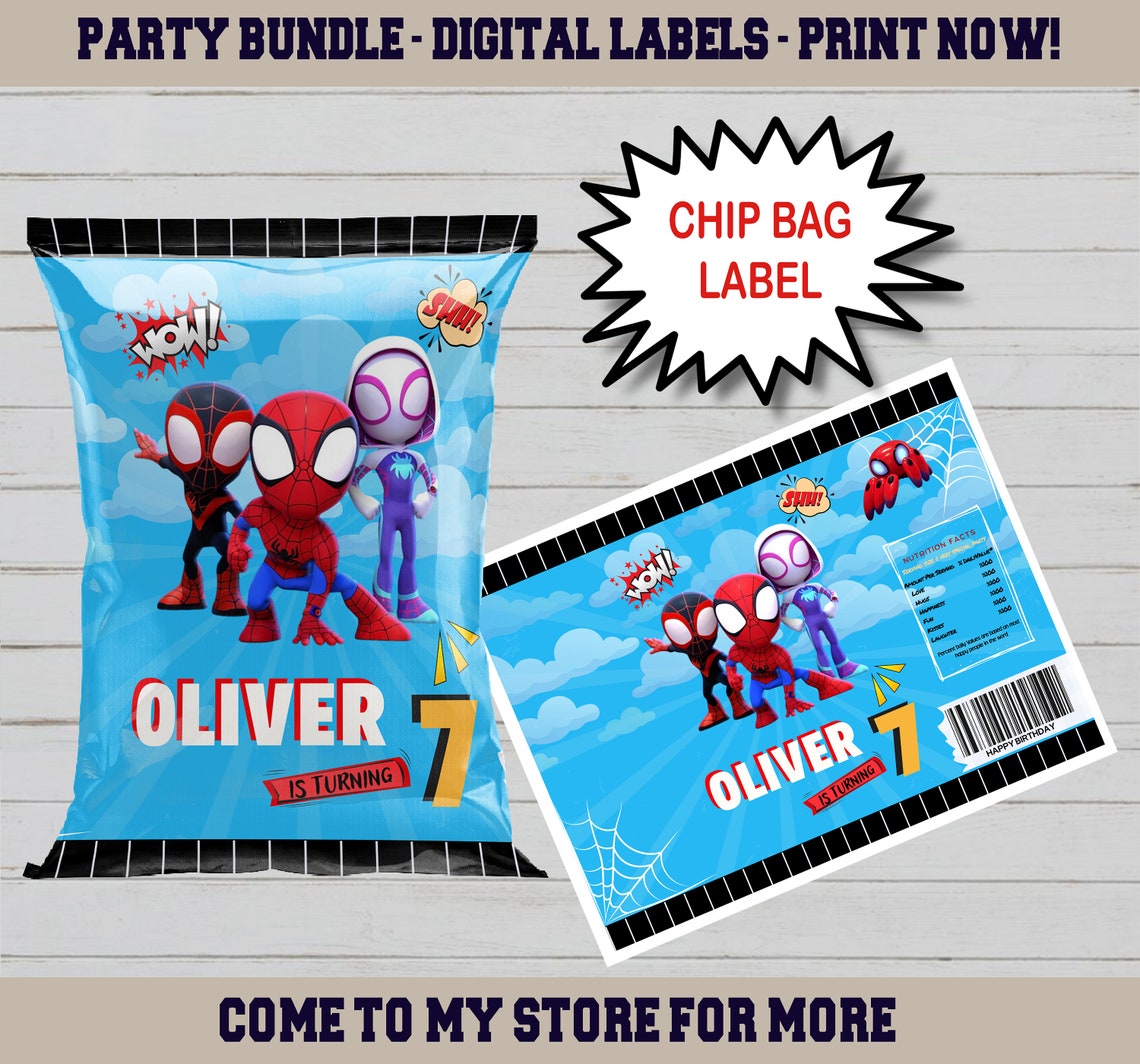 Label for Spidey and His Friends Party Pack Chip Bag Favor Bag Juice ...