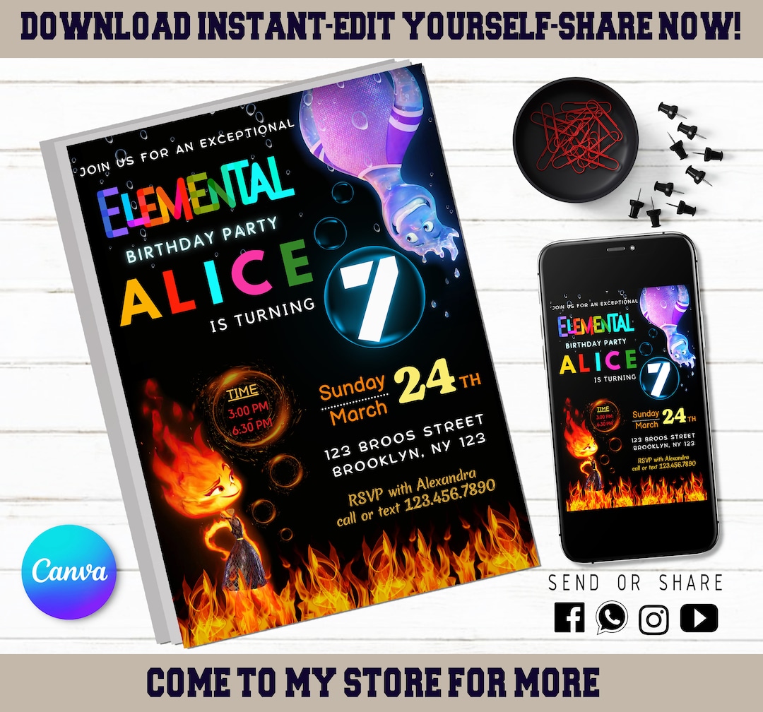 Elemental Bday Invitation - Editable Kids Invitation - Kids Digital Invite - Modern Elemental ...