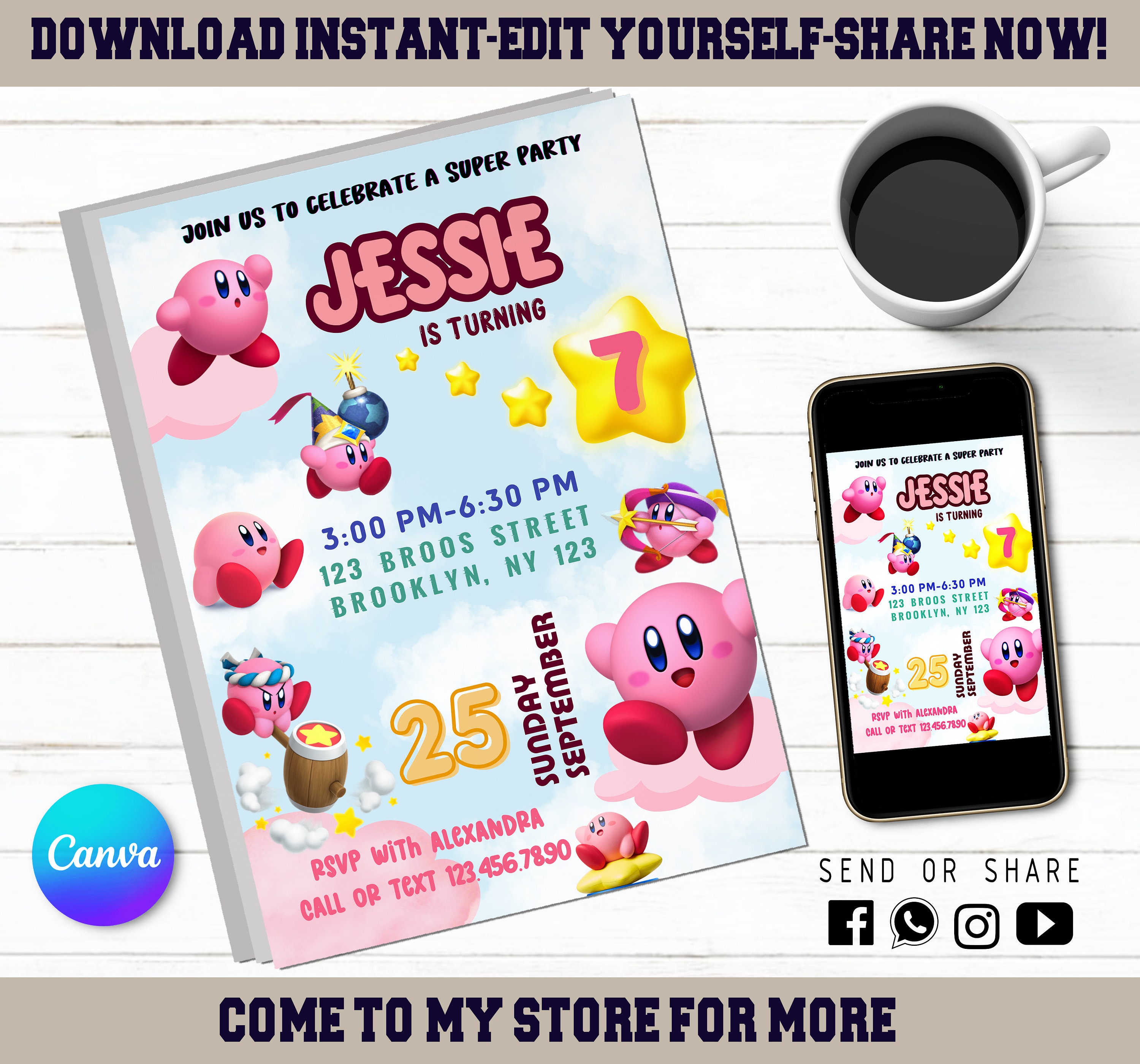Kirby Invitation Editable Kids Invitation Kids Digital - Etsy