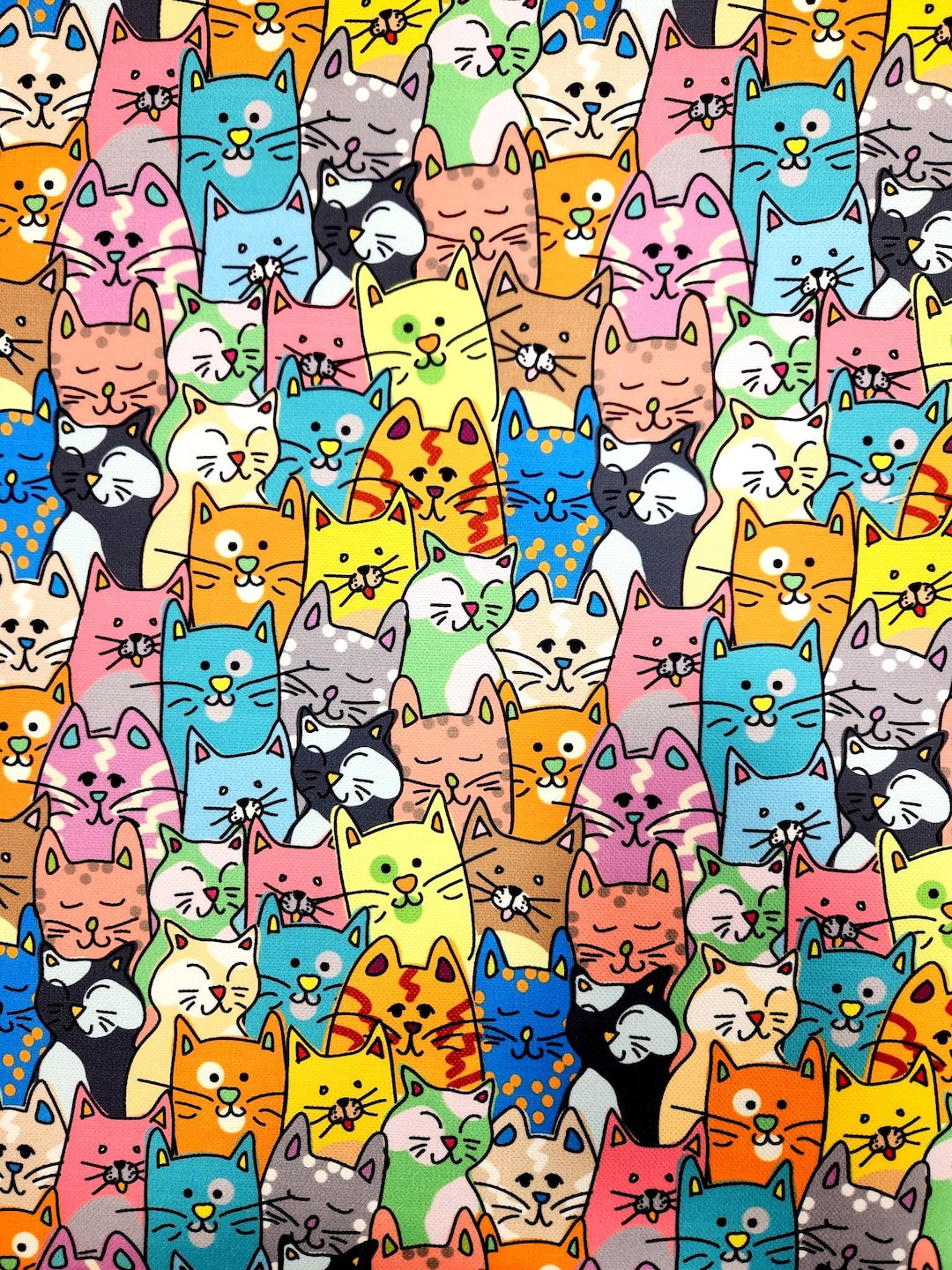Vibrant Colorful Cat Fabric for DIY Projects, Cute Cartoon Cat Print ...