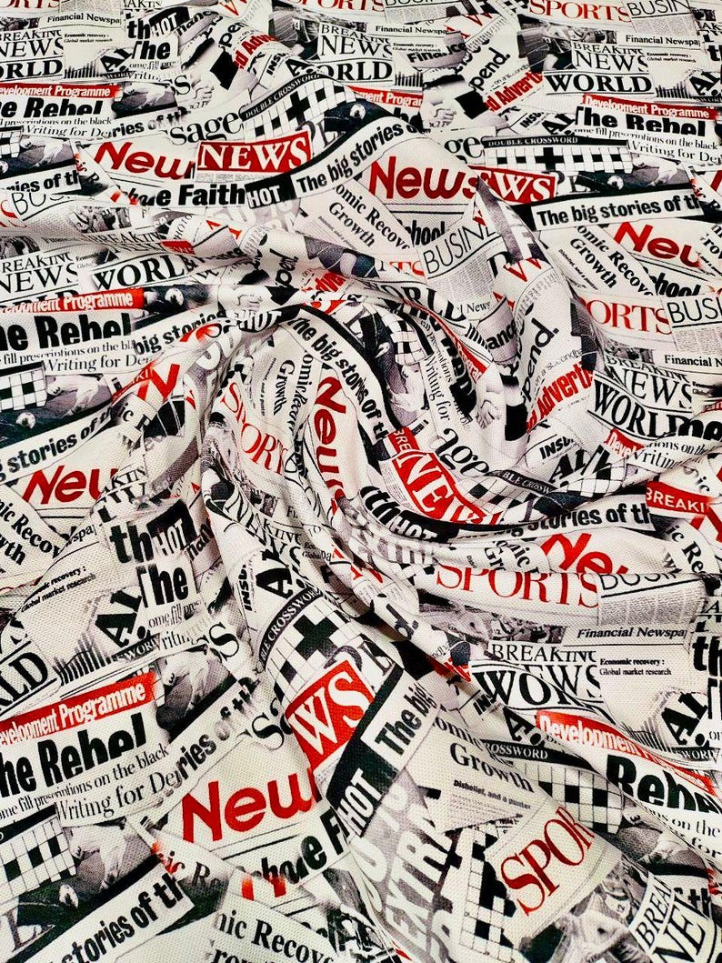 Newspaper Print Fabric: Black, White & Red Headlines - Modern ...