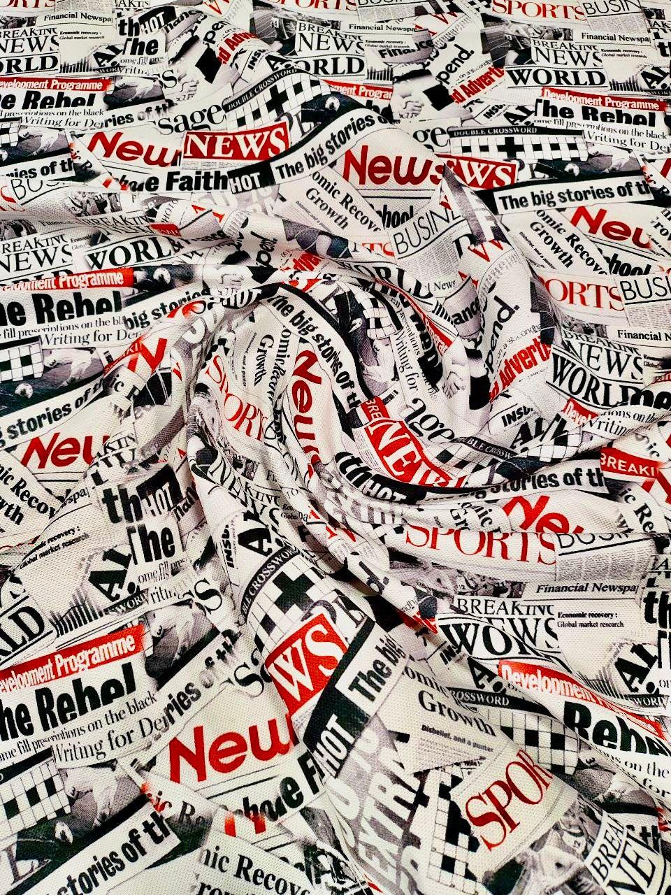 Newspaper Print Fabric: Black, White & Red Headlines - Modern ...