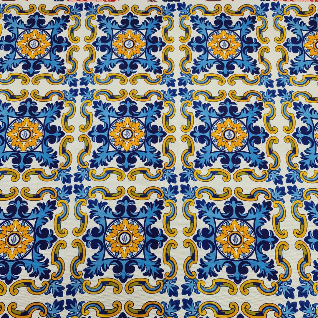 Mediterranean Blue Yellow Tile Pattern Waterproof Fabric, Upholstery ...