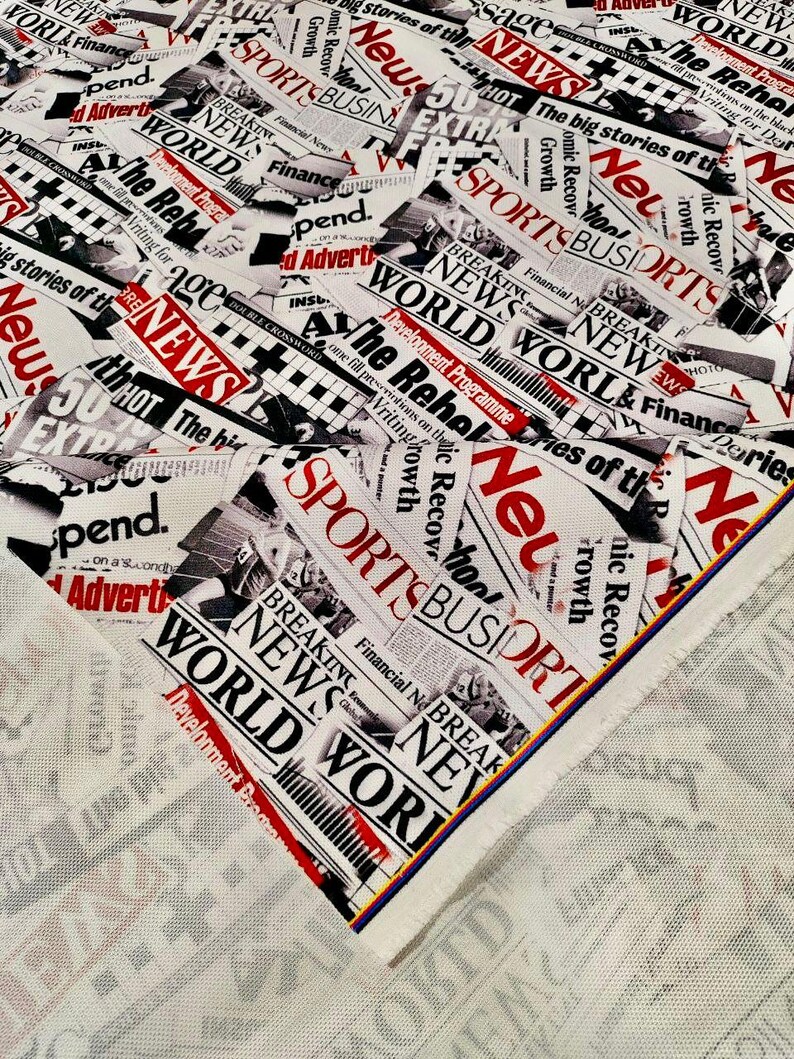 Newspaper Print Fabric: Black, White & Red Headlines - Modern ...