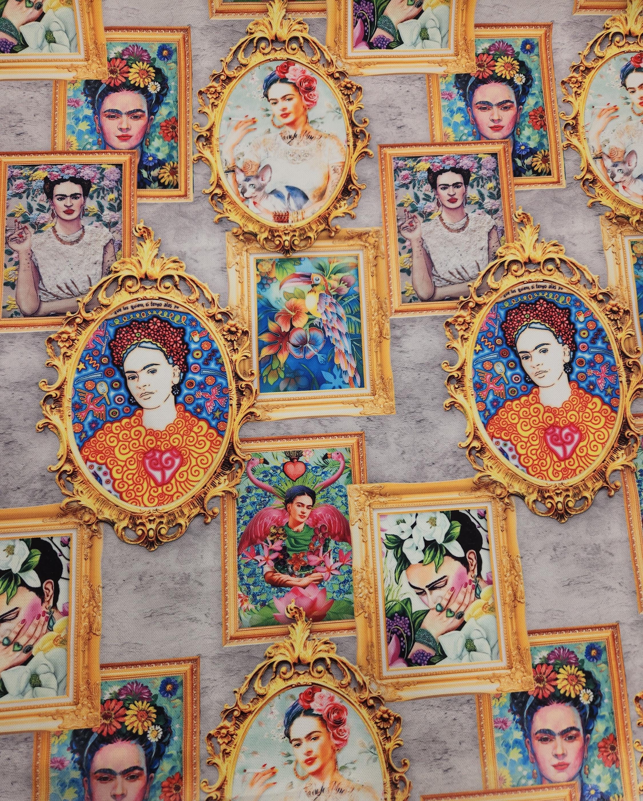 Frida Kahlo Fabric - Vibrant Portrait Frames With Golden Accents ...